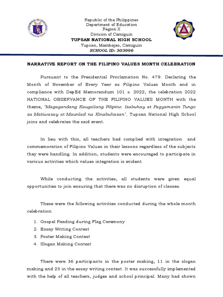 Narrative Report On Filipino Values Month 2022 | PDF