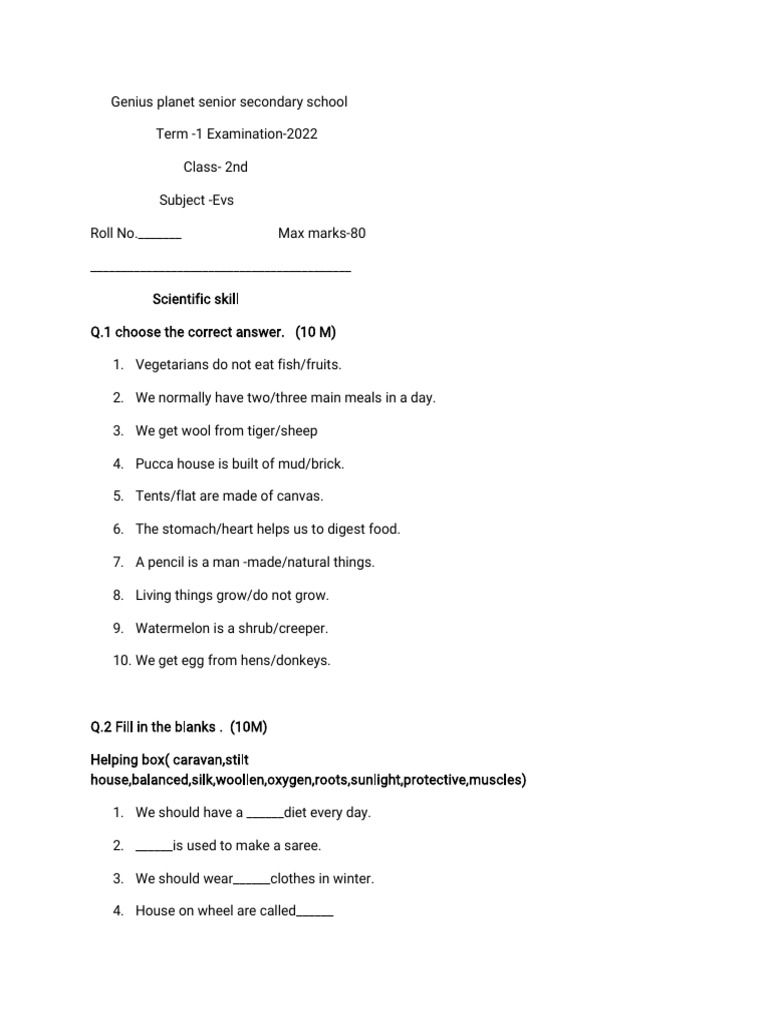 Class 2nd EVS Question Paper Term-1 | PDF