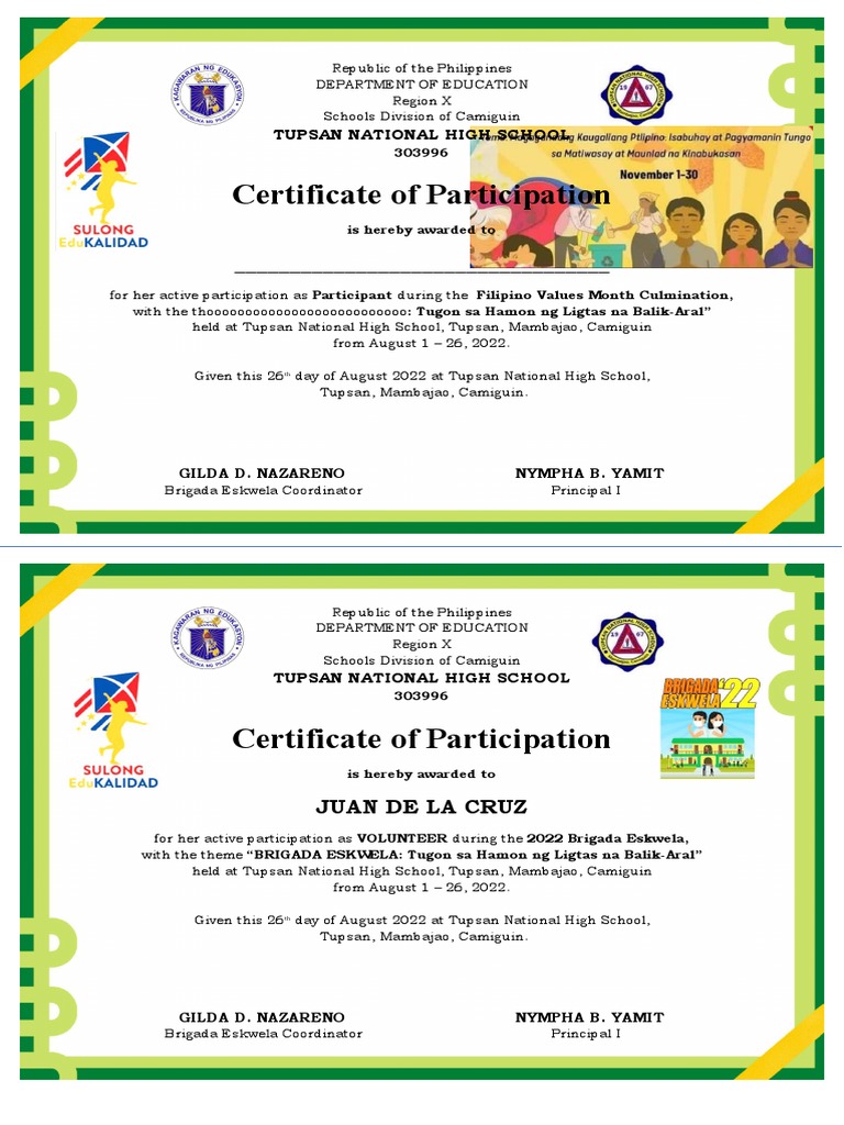 Brigada Eskwela 2025 Certificate Template | PDF | Philippines