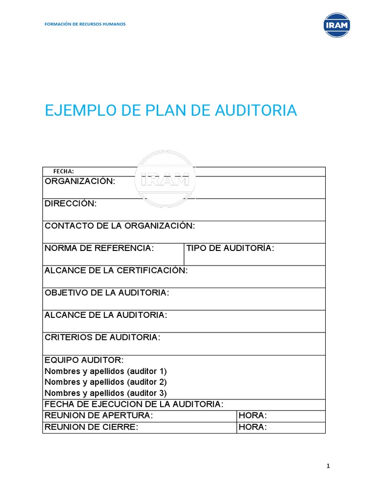 Anexo 1 Ejemplo de Plan de Auditoria | PDF | Auditoría | Gestión de la calidad