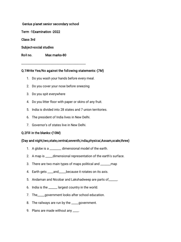 Class 3rd SST Question Paper Term-1 | PDF | Earth | Map
