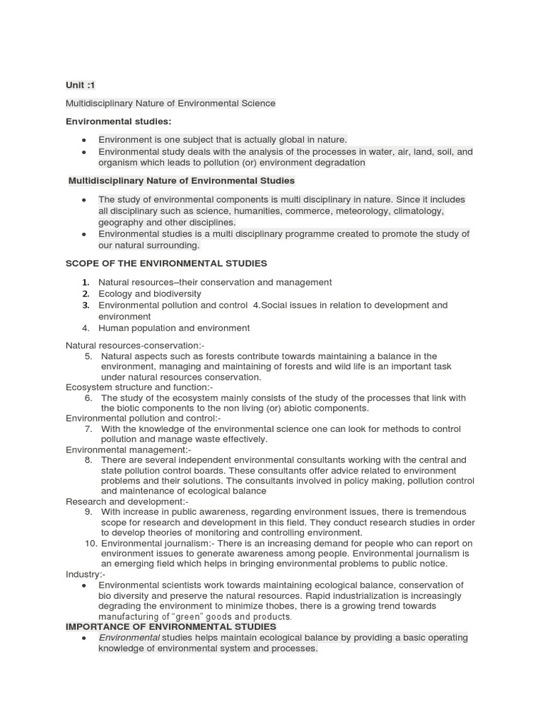 Environment Notes Unit 1 To Unit 3 | PDF