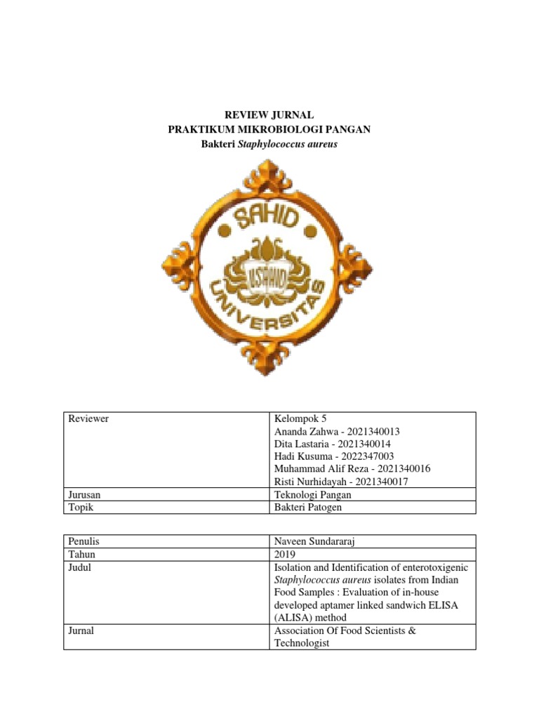 Praktek Mikrobiologi Pangan Review Jurnal Bakteri S Aureus | PDF