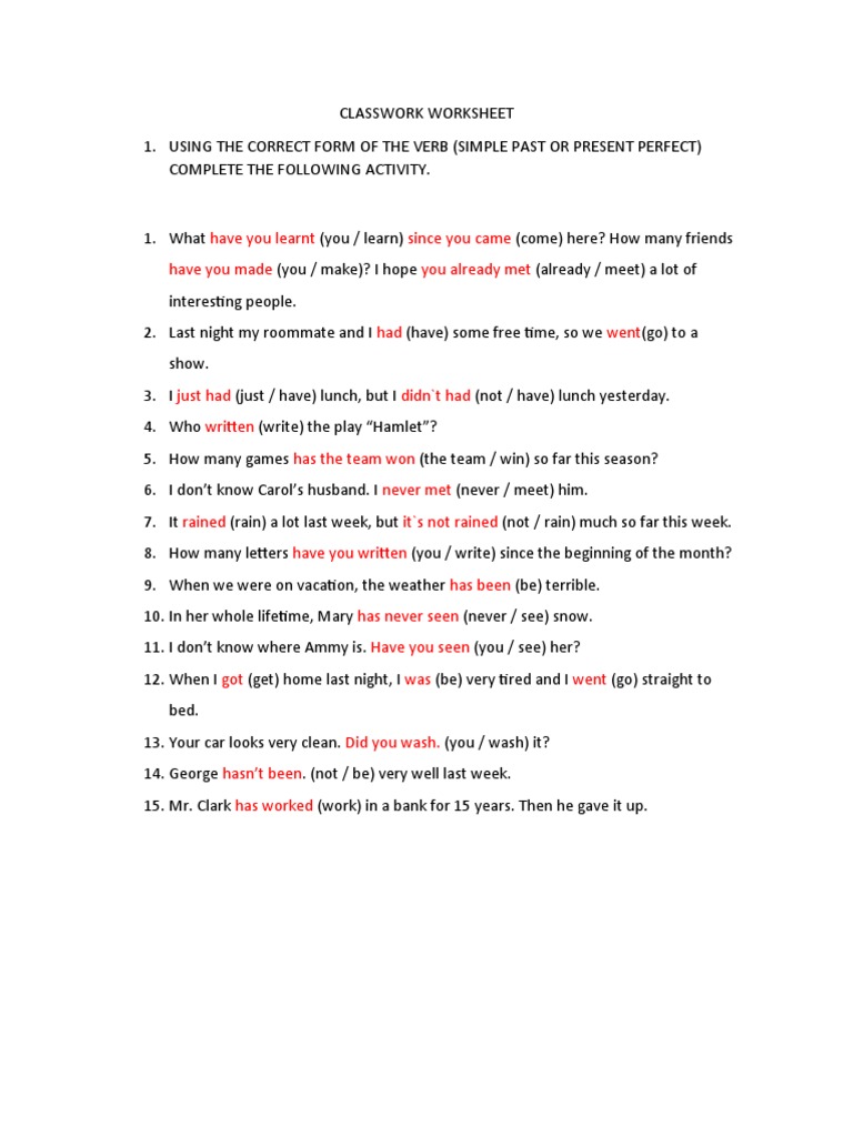 Classwork Worksheet | PDF | Language Arts & Discipline | Foreign ...