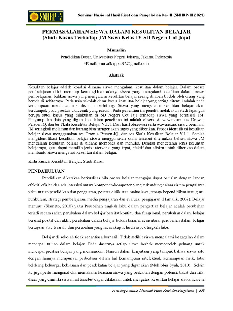 Permasalahan Siswa Dalam Kesulitan Belajar (Studi Kasus Terhadap JM ...