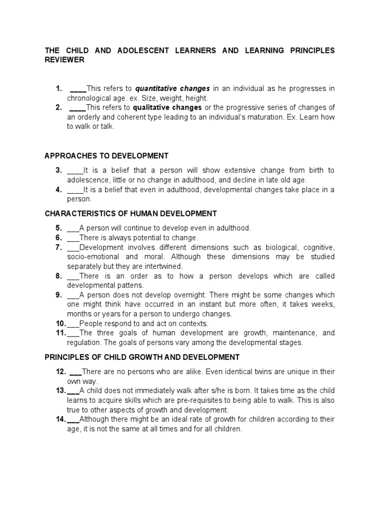 The Child and Adolescent Learners and Learning Principles Reviewer ...