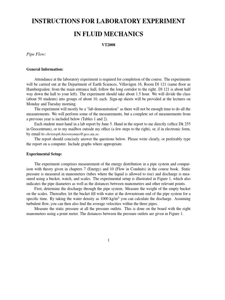 Instructions For Laboratory Experiment in Fluid Mechanics: Pipe Flow | PDF | Pressure ...