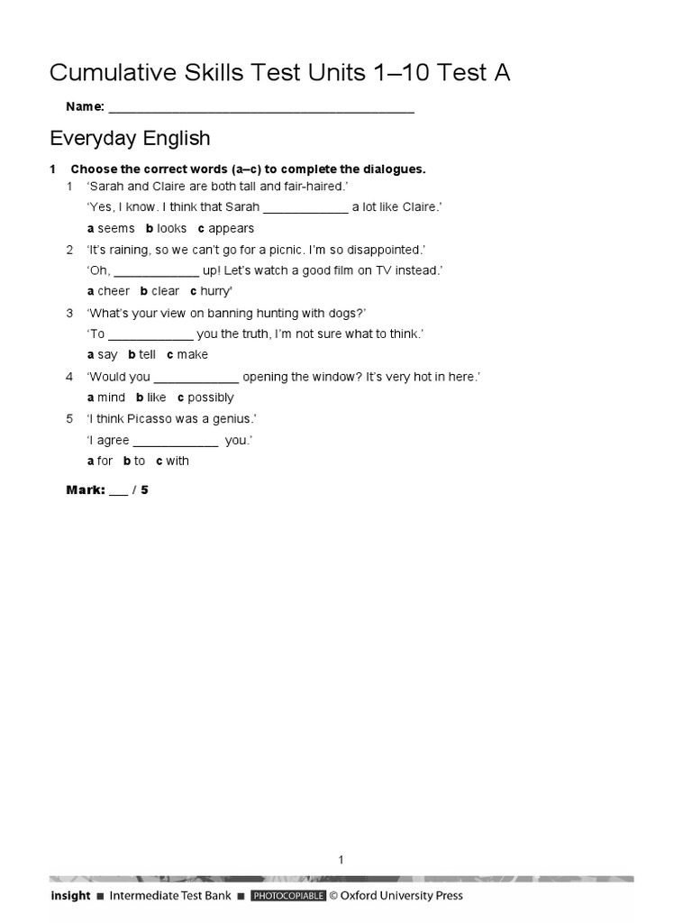 Cumulative Skills Test Units 1-10 A | PDF | Elephant | Sleep