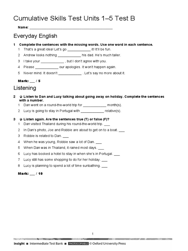 Cumulative Skills Test Units 1-5 B | PDF