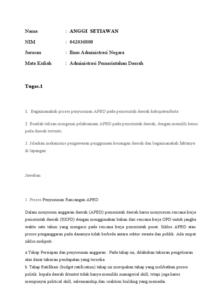 Tugas 1 Mata Kuliah Administrasi Pemerintahan Daerah | PDF