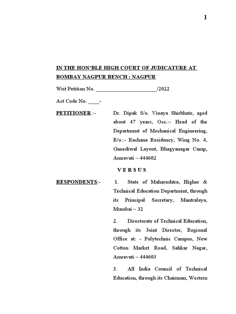 Revised Draft Writ Petition - Dipak AICTE 30112022 | PDF | Salary | Diploma