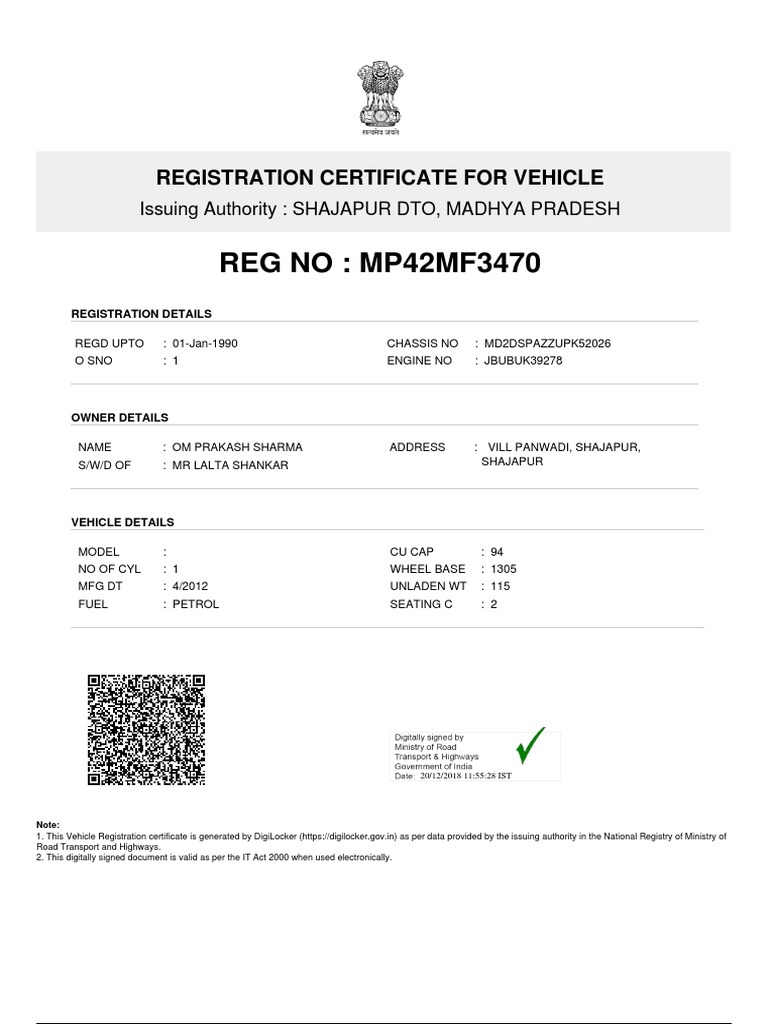 Vehicle Registration Certificate - MP | PDF
