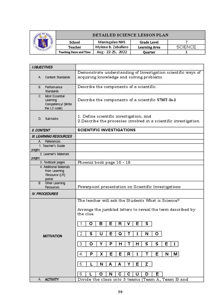 DLP Science 7 Q1W1 | PDF | Learning | Teaching Method