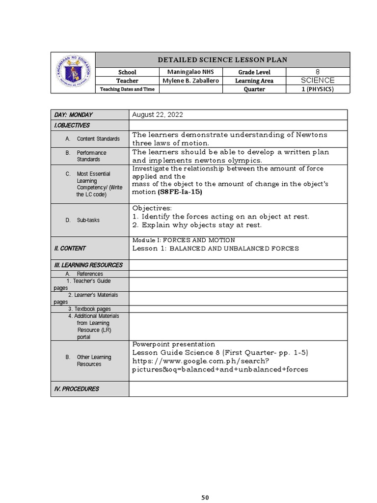 DLP Science 8 Q1 W1 | PDF | Force | Friction