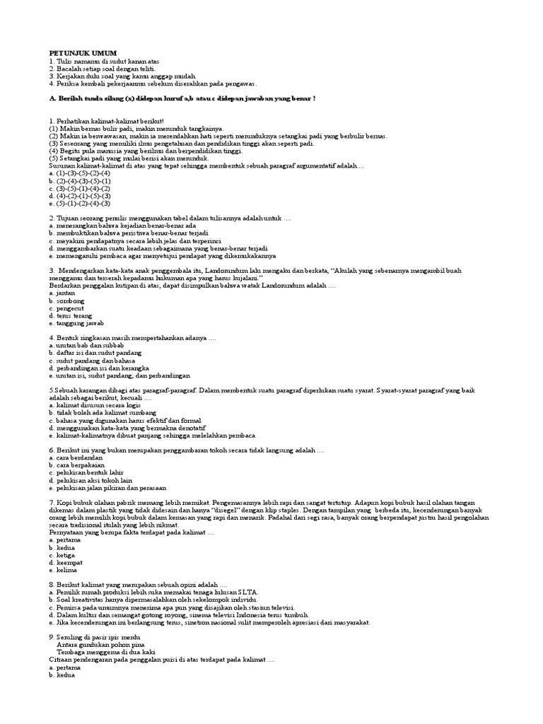 Data Soal BHS Indonesia Kelas 10 | PDF