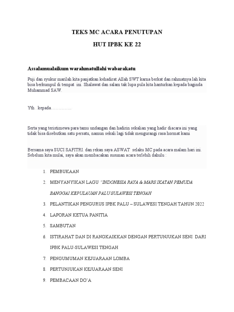 Teks MC Acara Penutupan Hut Ipbk | PDF