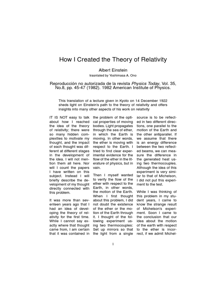 How I Created The Theory of Relativity | PDF | Luminiferous Aether ...