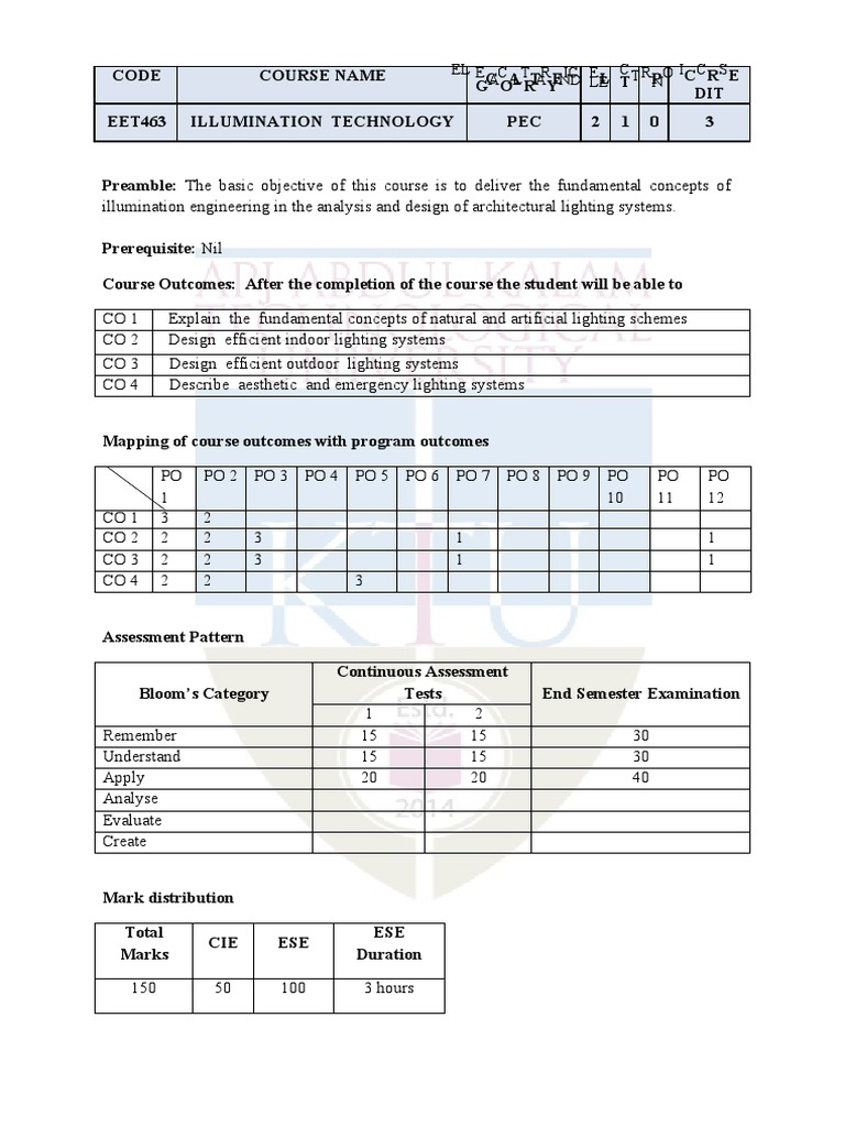 ILLUMINATION TECHNOLOGY COURSE OUTCOMES AND ASSESSMENT | PDF | Lighting ...