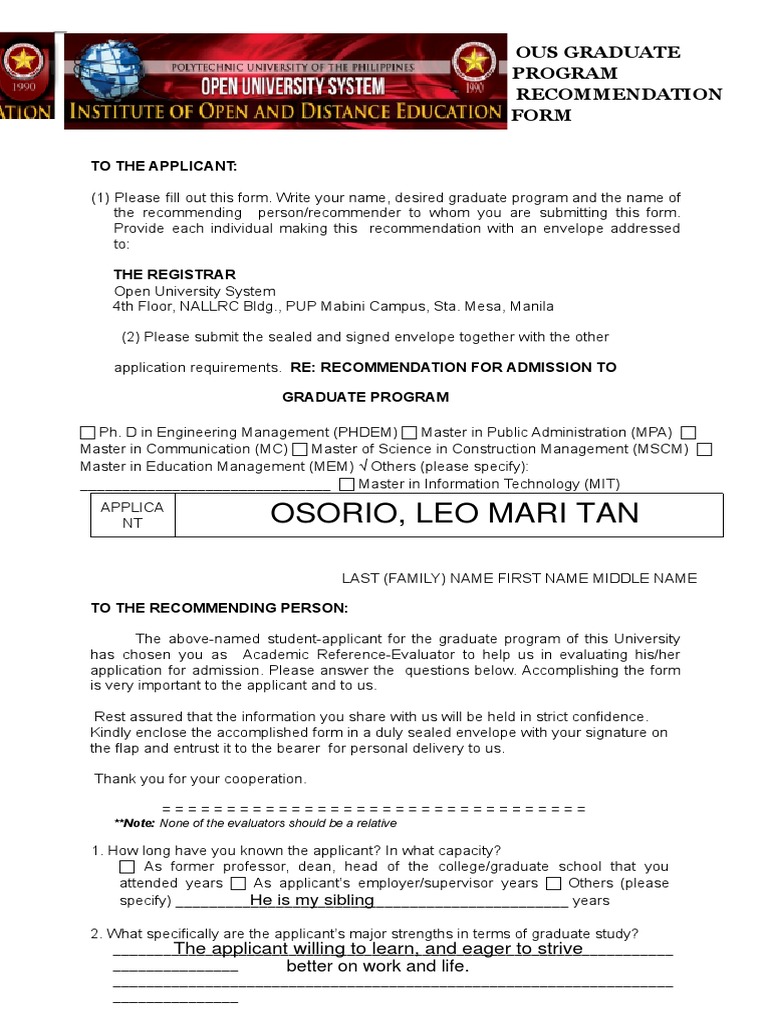 PUP OUS Recommendation Letter 2019 - Answered | PDF