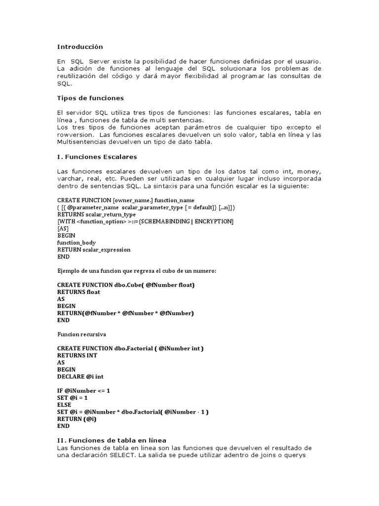 Funciones en SQL Server (Version 2011) | PDF | SQL | Gestión de ...
