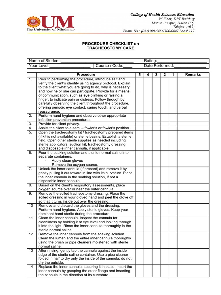 Procedure Checklist On Tracheostomy Care | PDF | Health Care | Health Sciences