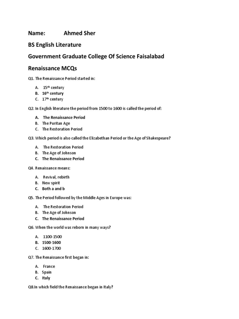 Renaissance MCQs for Literature Students | PDF | History