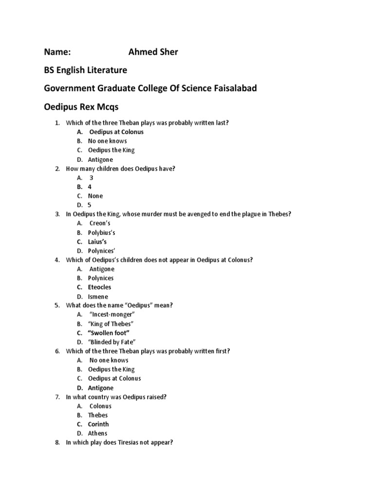 Oedipus Rex Mcqs | PDF | Sophocles | Theban Mythology