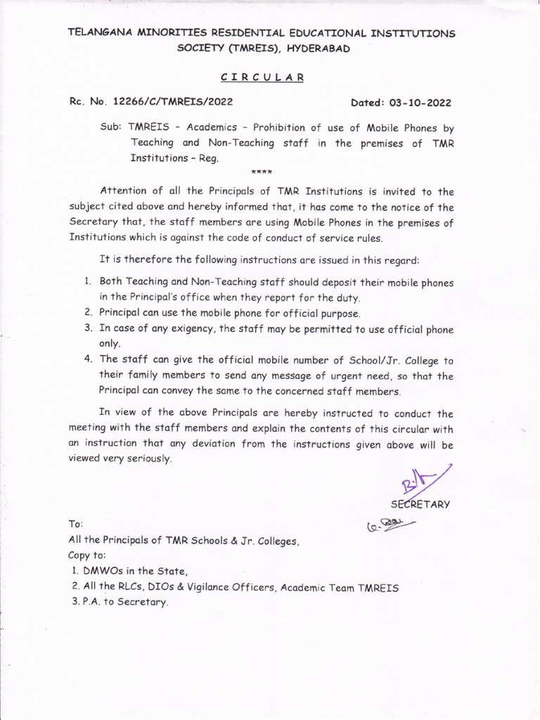 CIRCULAR. Prohibition of Use of Mobile Phones in TMR Institutions | PDF