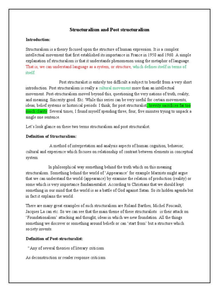 Structuralism and Post structuralism | PDF | Deconstruction | Cognitive ...