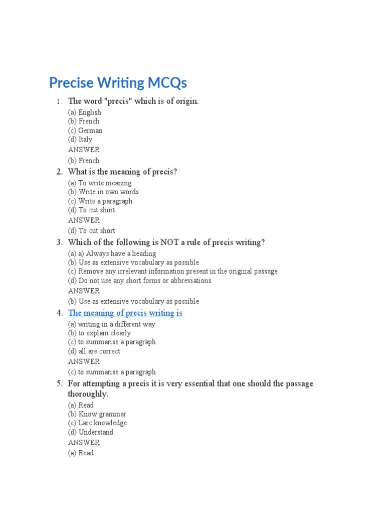 Precis Writing Mcqs | PDF | Vocabulary | Human Communication