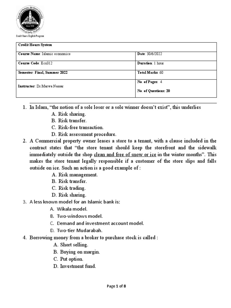 Final Exam Islamic Economics | PDF | Stocks | Option (Finance)