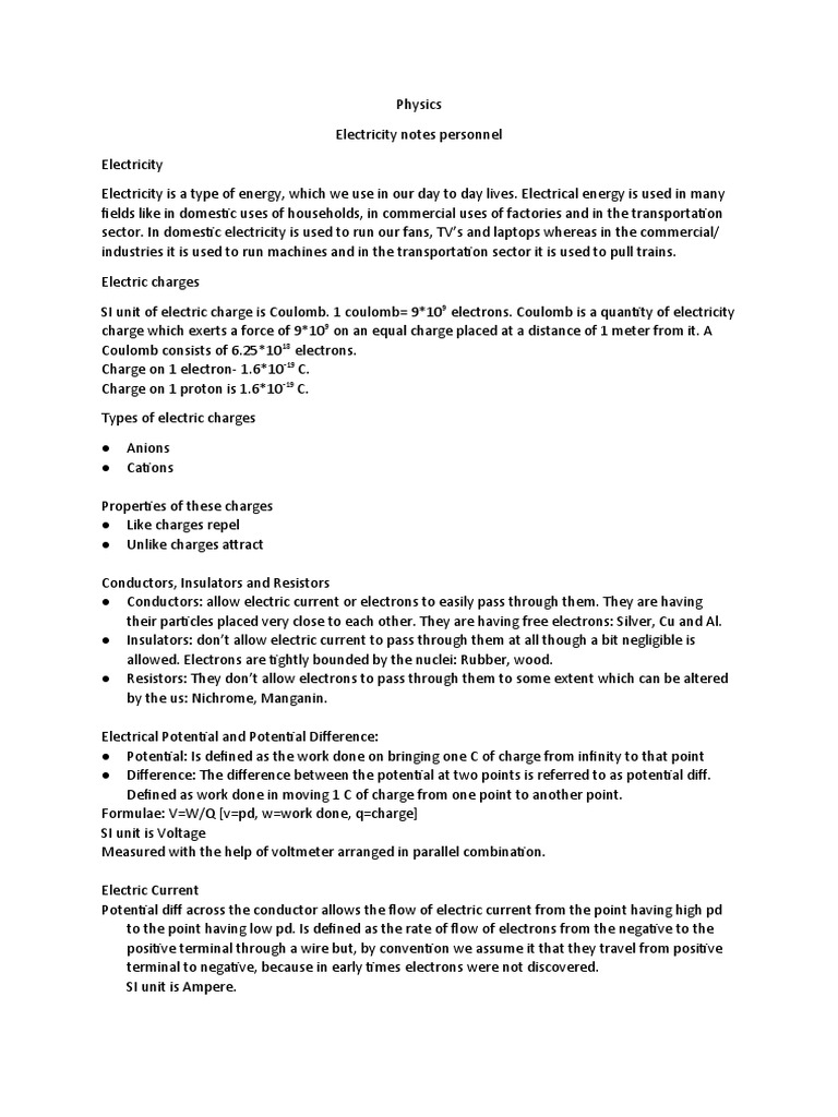 Electricity Notes Class X | PDF | Electrical Resistance And Conductance ...