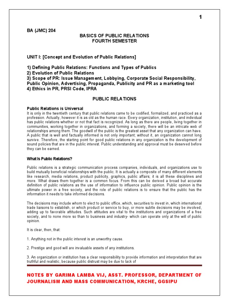 PR NOTES - UNIT I | PDF | Public Relations | Brand