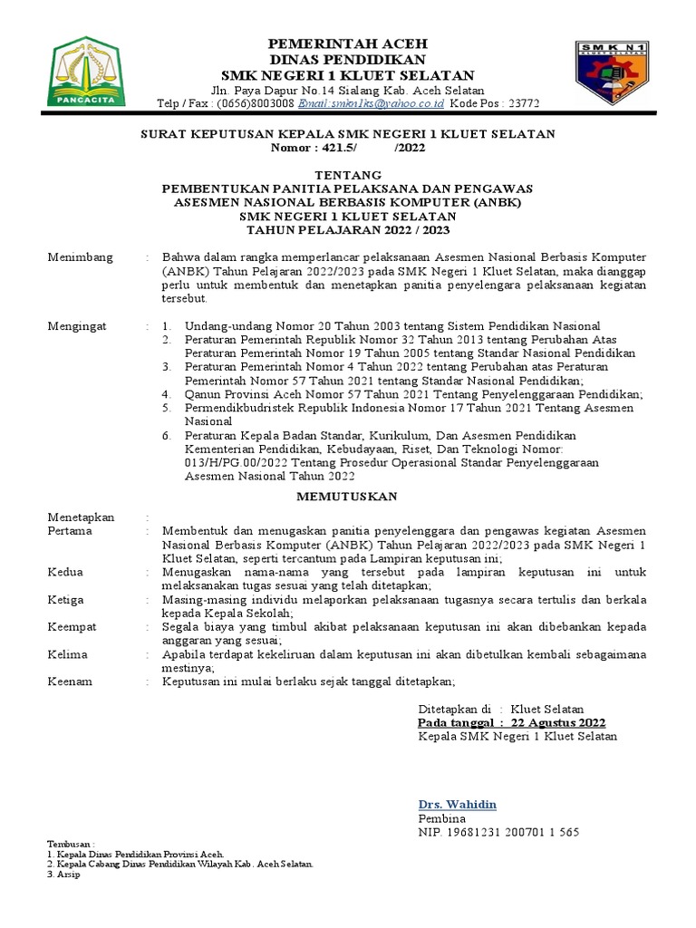 SK Panitia Dan Pengawas ANBK 2022 | PDF SK Panitia Dan Pengawas ANBK 2022 | PDF