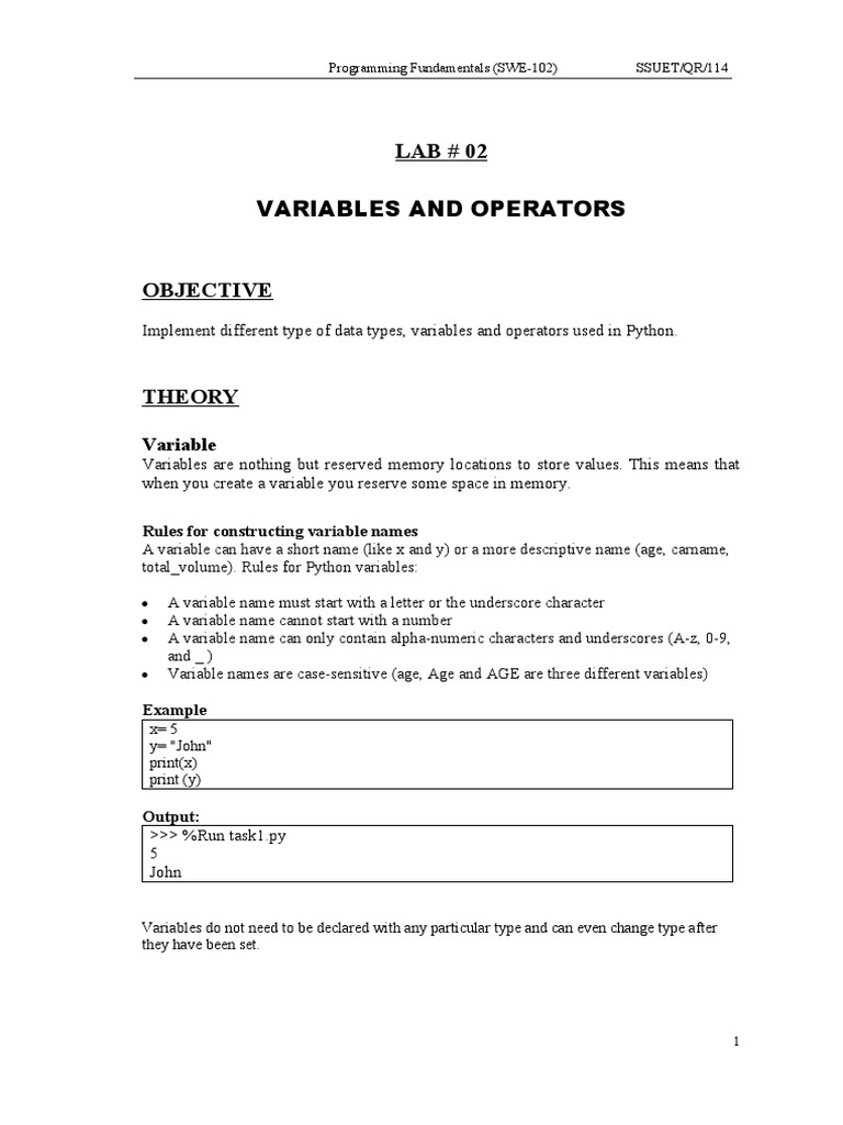 Swe 102 Lab 02 Pdf Variable Computer Science Reserved Word
