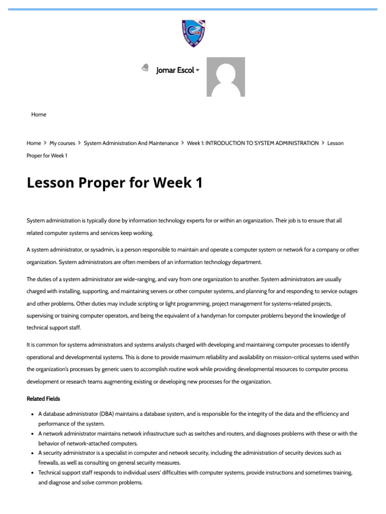 Wk1 Lesson | PDF | System Administrator | Computer Security