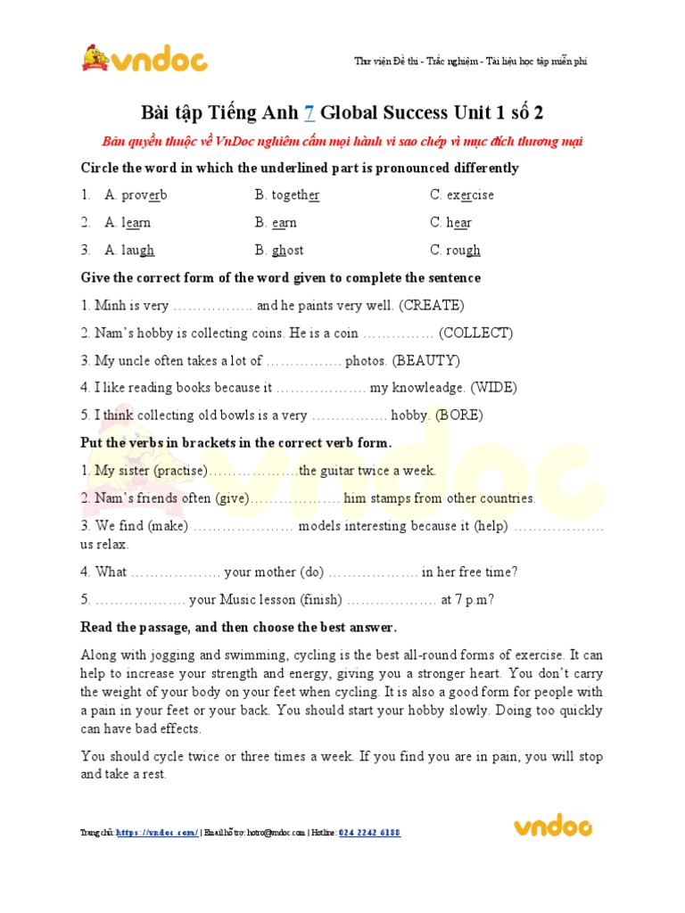 Bai Tap Tieng Anh 7 Global Success Unit 1 So 2 | PDF