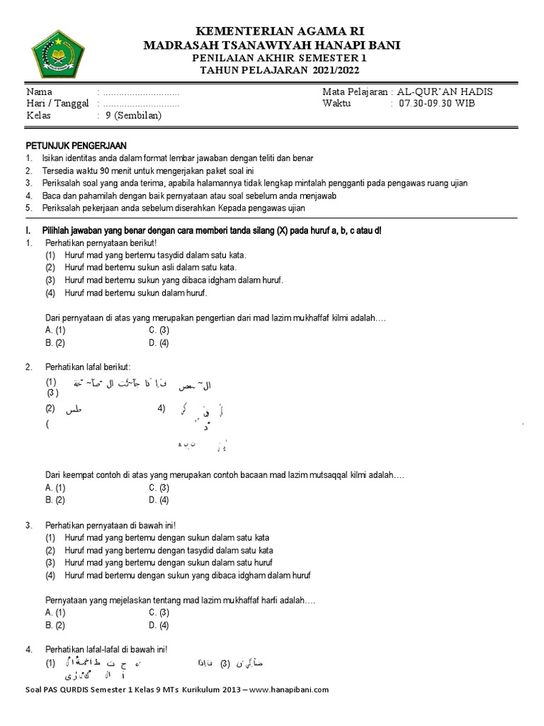 SDH Word Soal PAS Qurdis Kelas IX | PDF