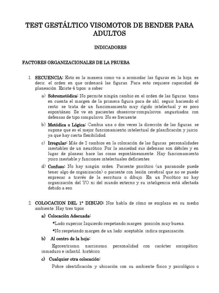 Bender para Adultos - Indicadores | PDF | Psicosis | Las emociones