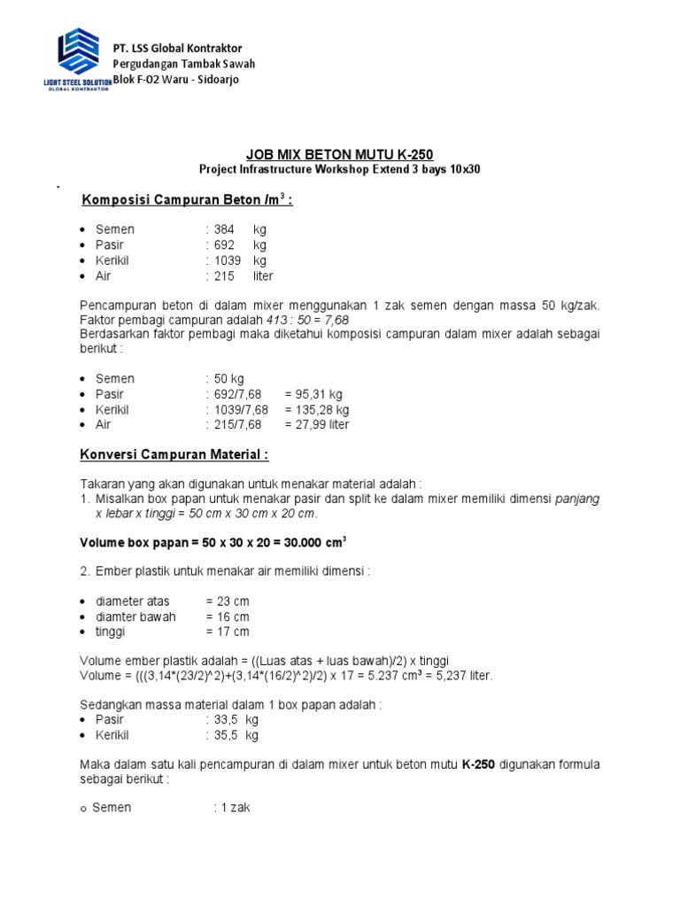 Job Mix Beton K-250 Manual dan Takaran | PDF