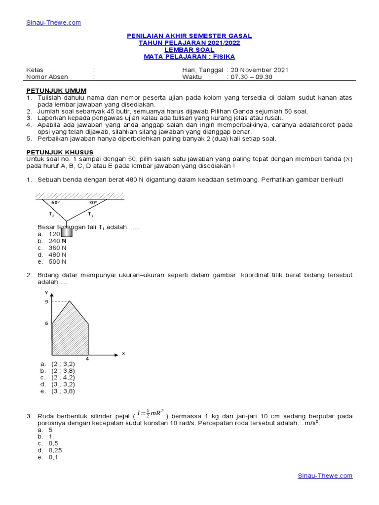 Soal PAS Semester 1 Kelas 11 Fisika Tahun 2021 | PDF