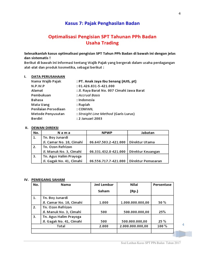 (A) PPH Badan - Soal Kasus SPT PPH Badan Tahun 2017 | PDF