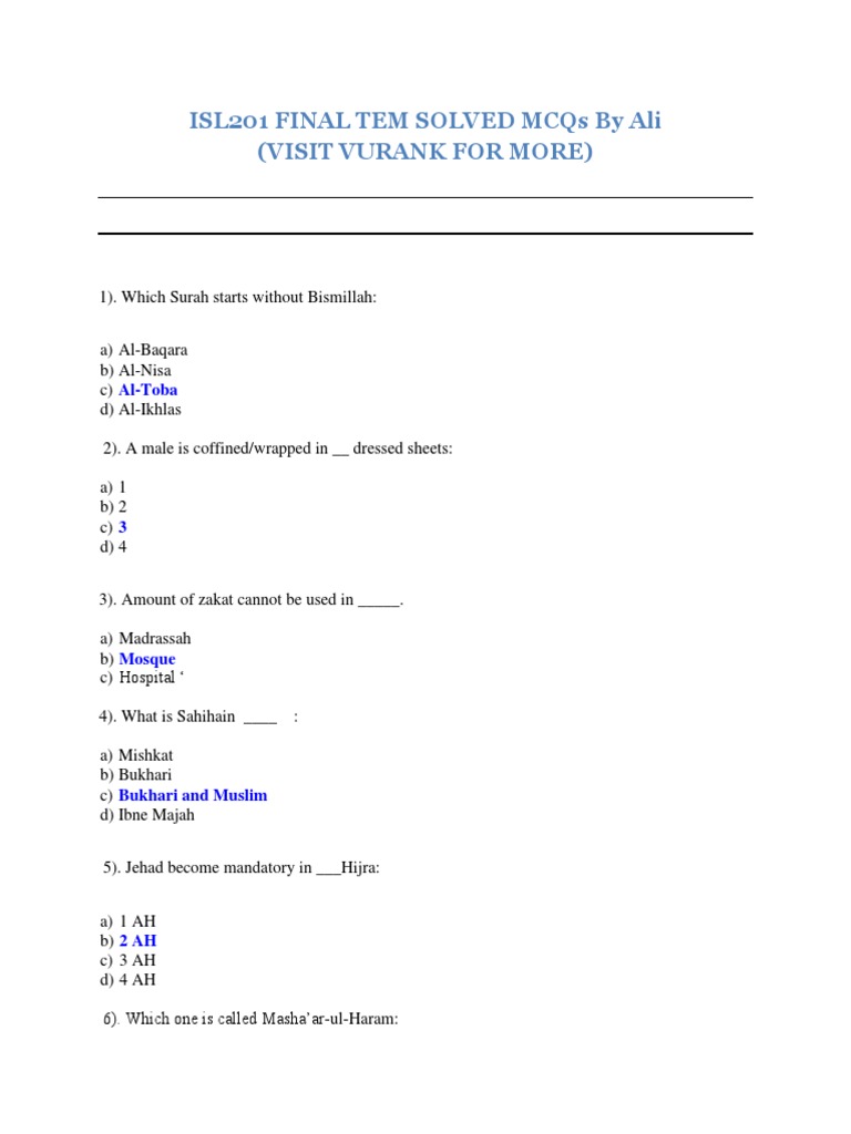 ISL201 Final Term Solved MCQs | PDF | Sharia | Islamic Ethics