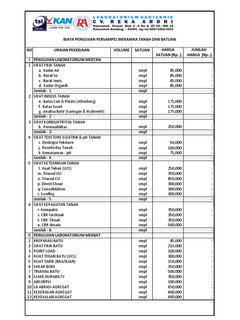 DFTR Harga Satuan Lab Geotek | PDF