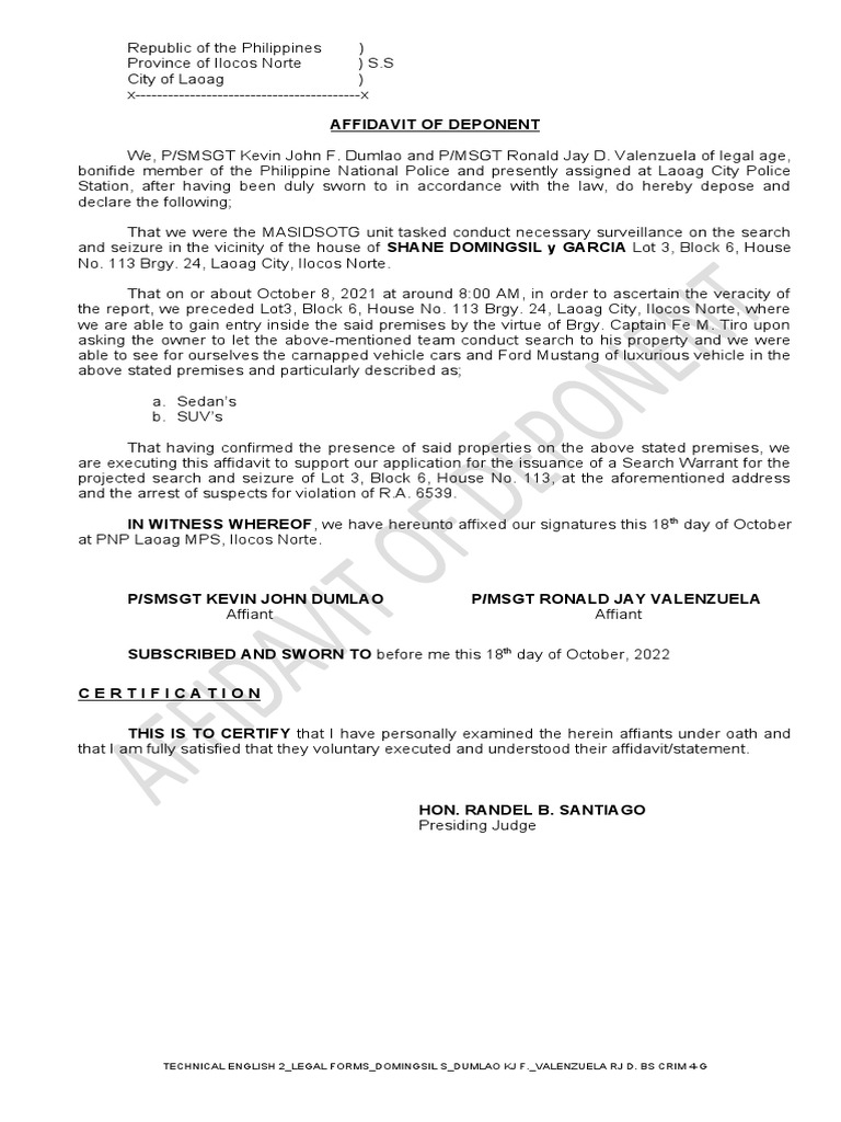 AFFIDAVIT-OF-DEPONENT-CARNAPPING | PDF | Affidavit | Evidence