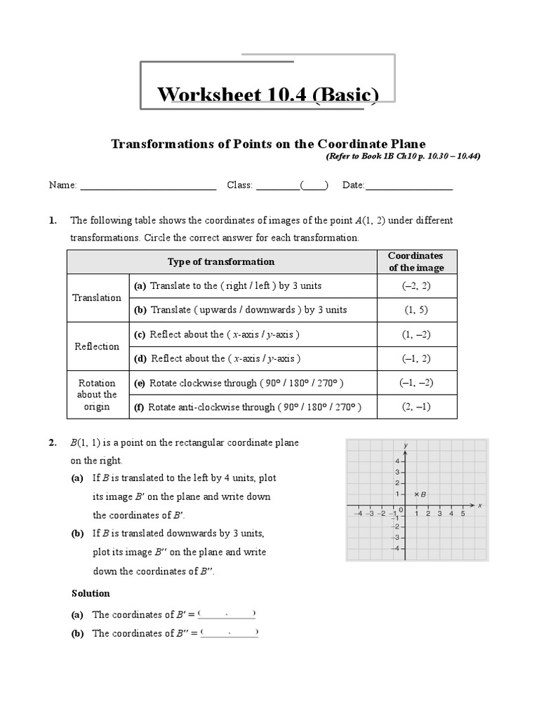 Worksheet 10.4 (Basic) : Transformations of Points On The Coordinate ...