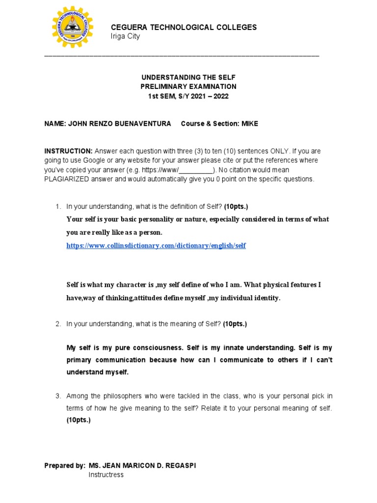 Understanding the Self: A Student's Preliminary Examination Responses ...
