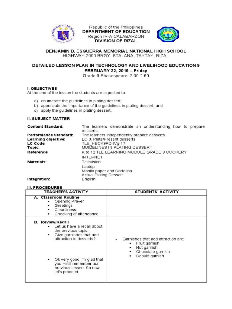 DETAILED LESSON PLAN SAMPle | PDF | Desserts | Foods