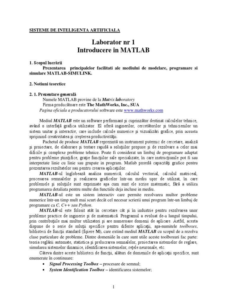 Laborator1 SIA Introducere in MATLAB | PDF