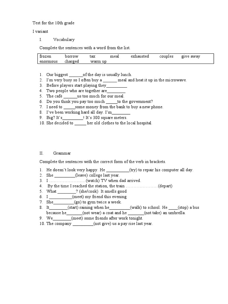 Test For The 10th Grade Pdf